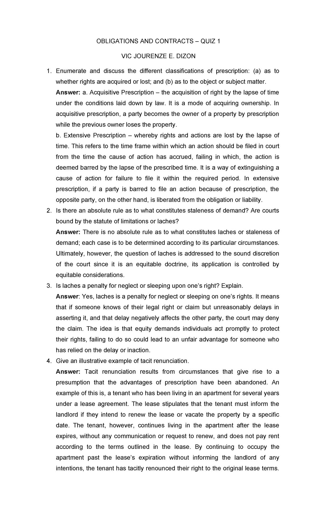 OBLIGATIONS AND CONTRACTS QUIZ 1: CLASSIFICATIONS OF PRESCRIPTION - Studocu