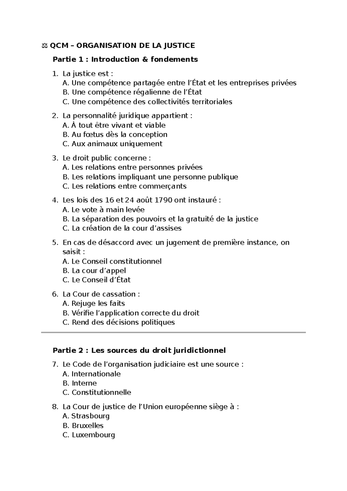 QCM Organisation de la Justice - Examen d'entraînement - Studocu