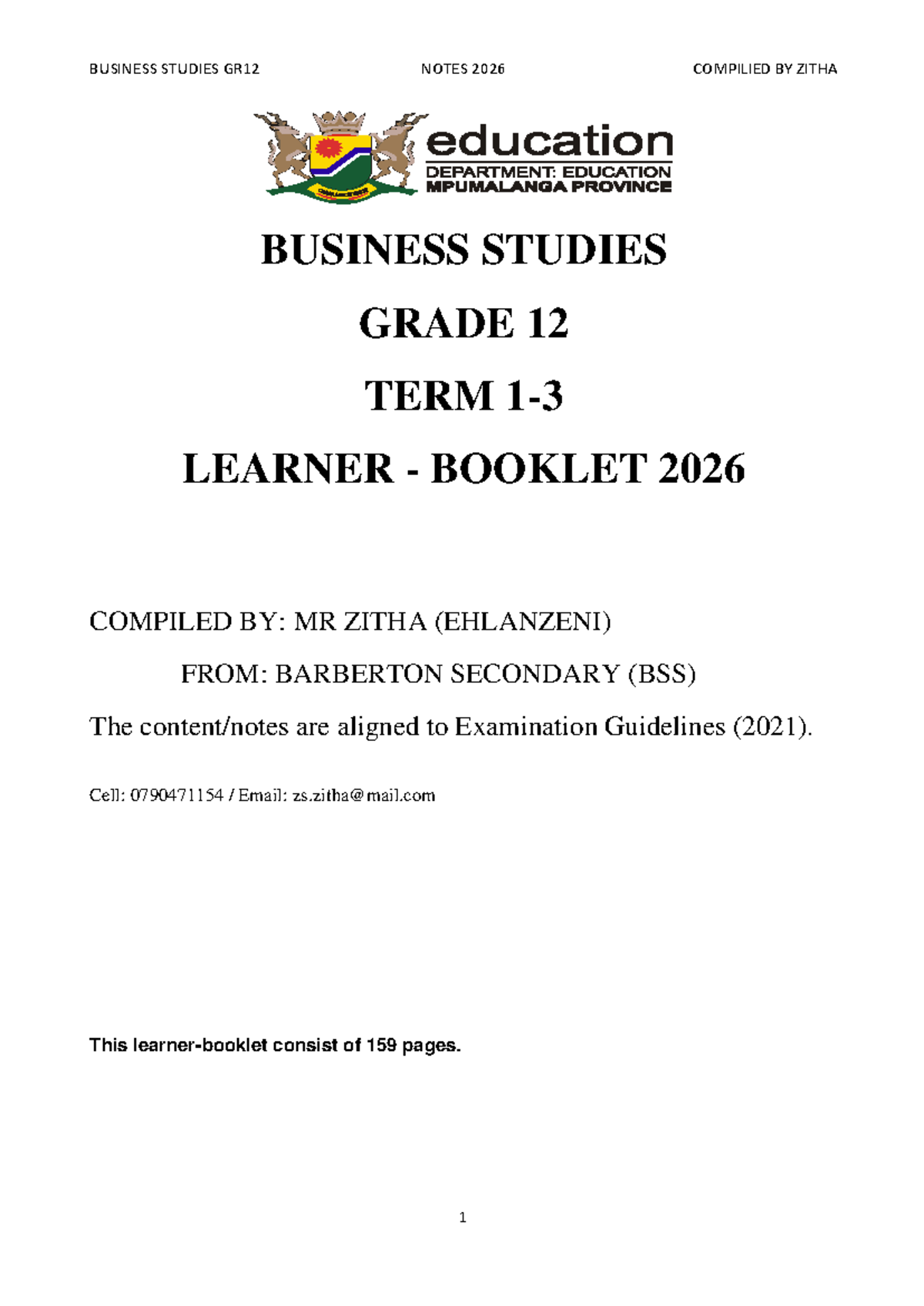 BUSINESS STUDIES GRADE 12 NOTES 2026: COMPILED BY MR. ZITHA - Studocu
