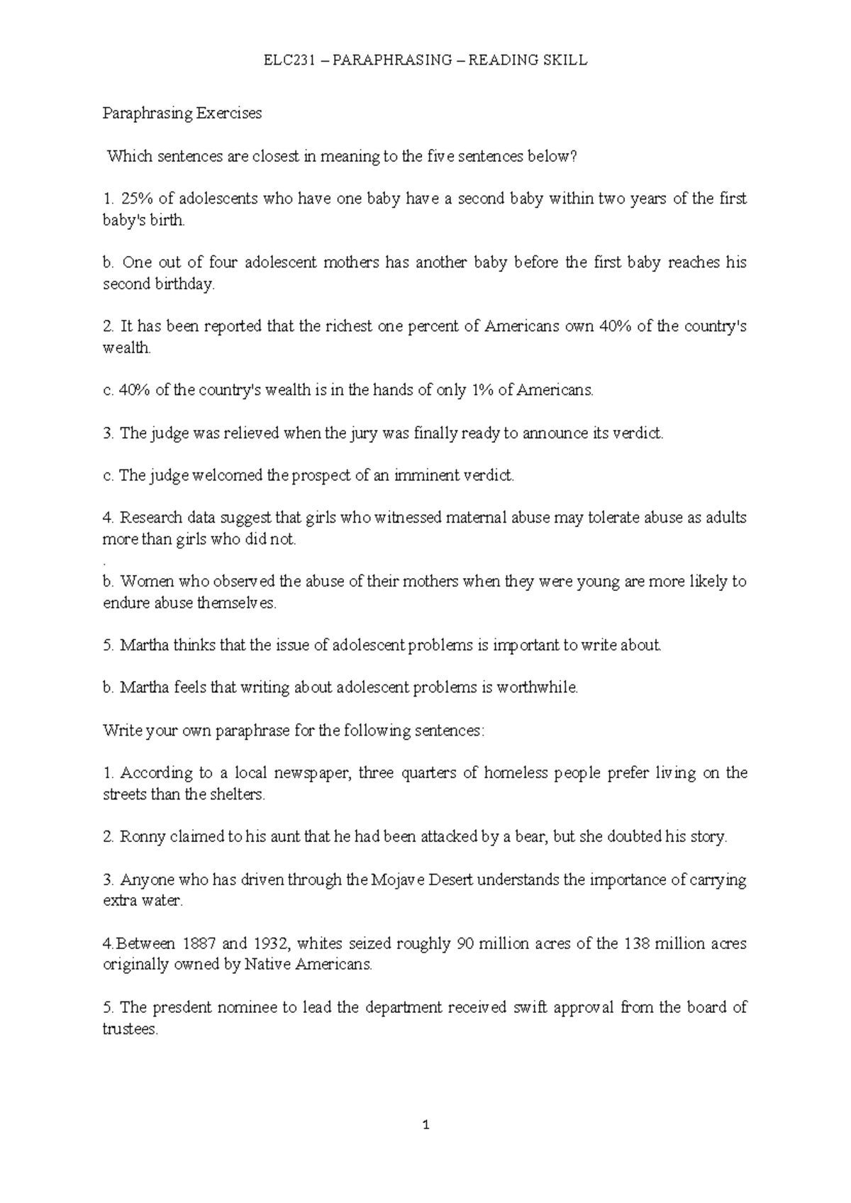 Paraphrasing Exercises done - ELC231 – PARAPHRASING – READING SKILL ...