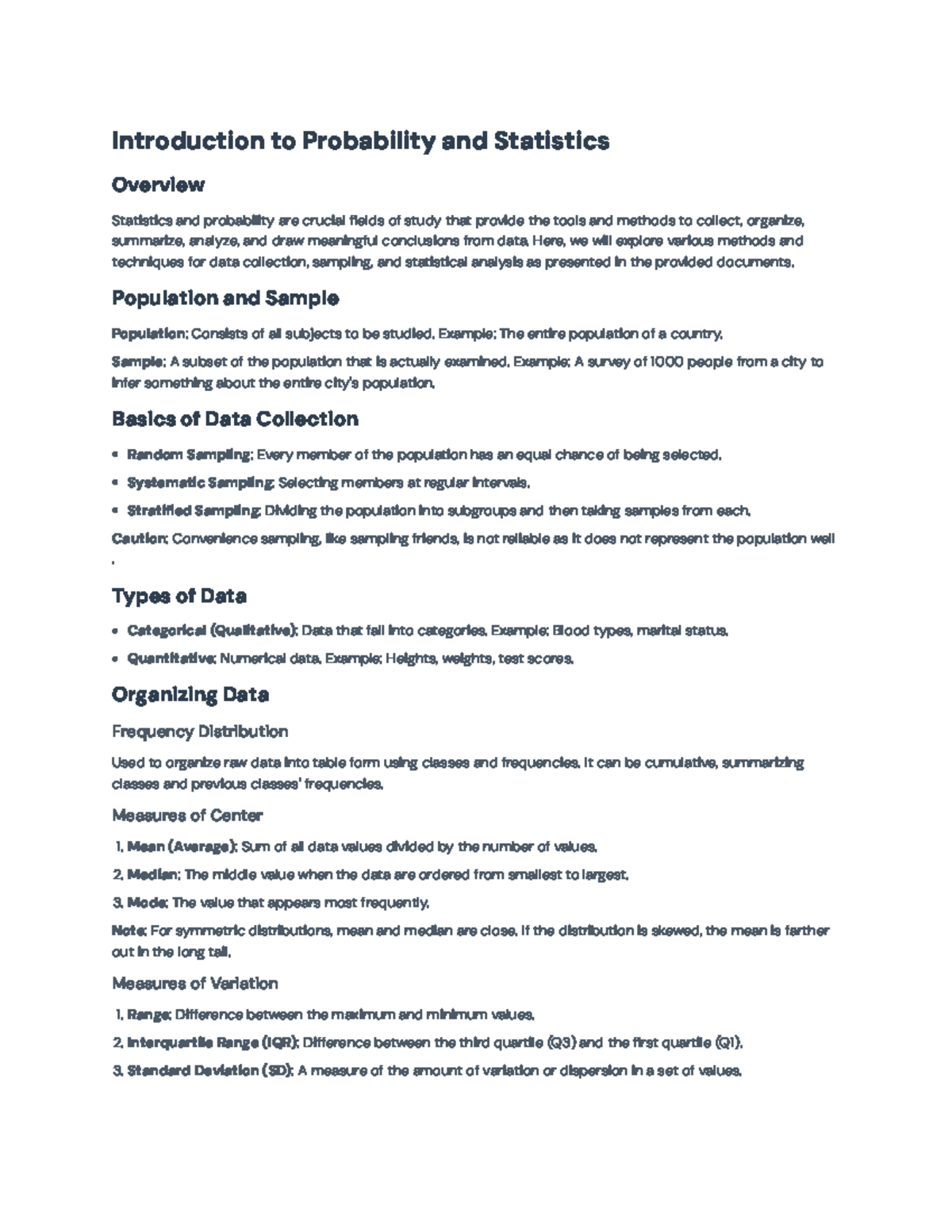 Introduction to Probability and Statistics: Key Concepts Overview ...