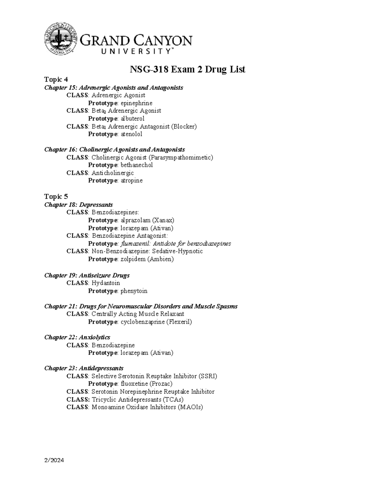 NSG-318 Exam 2: Comprehensive Drug List and Class Prototypes - Studocu