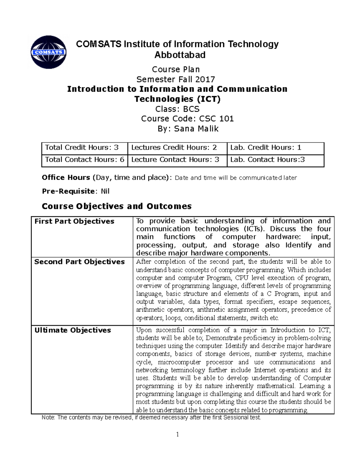 Course Outline for CSC 101: Introduction to ICT - Fall 2017 - Studocu
