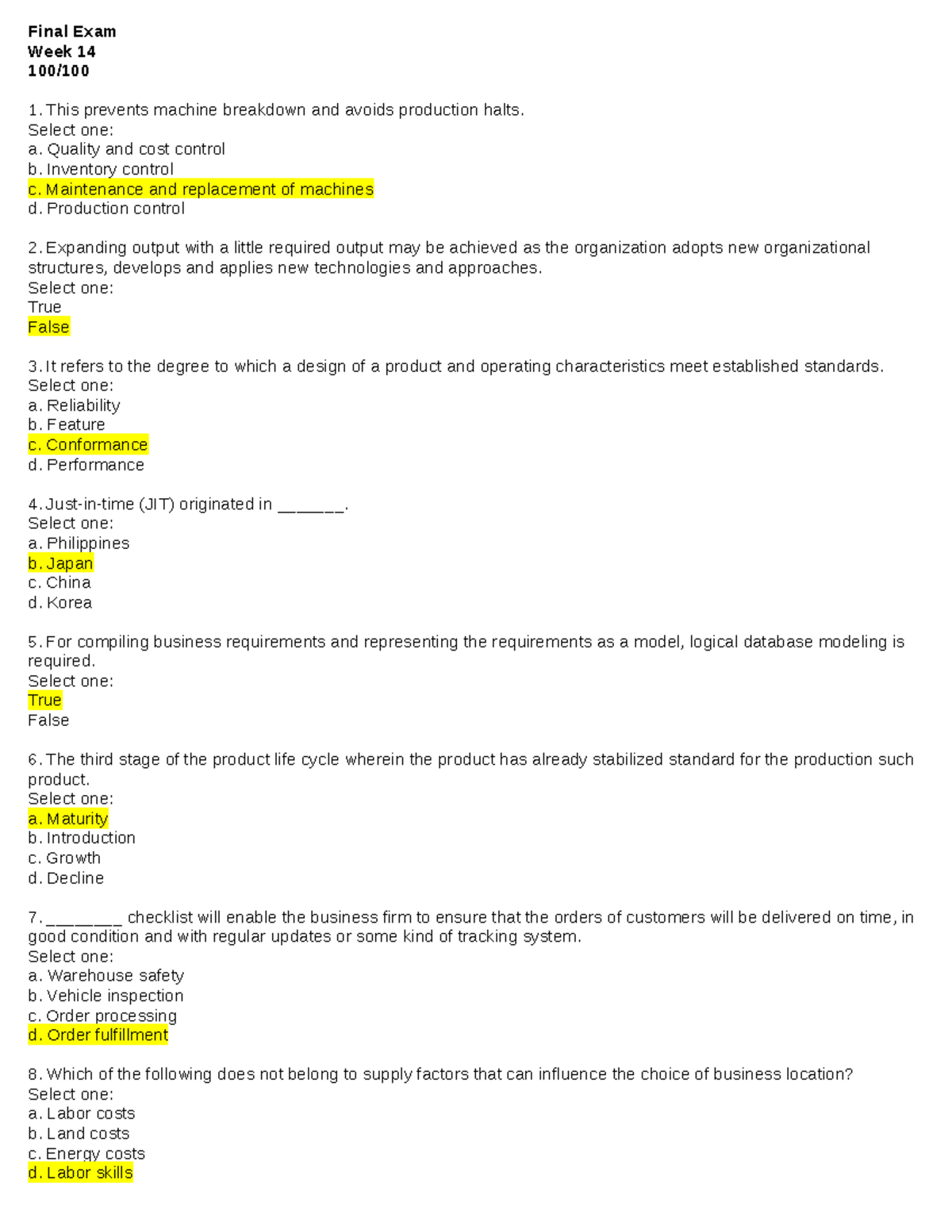MGT6140A Production Operations Management & TQM Final Exam Guide - Studocu