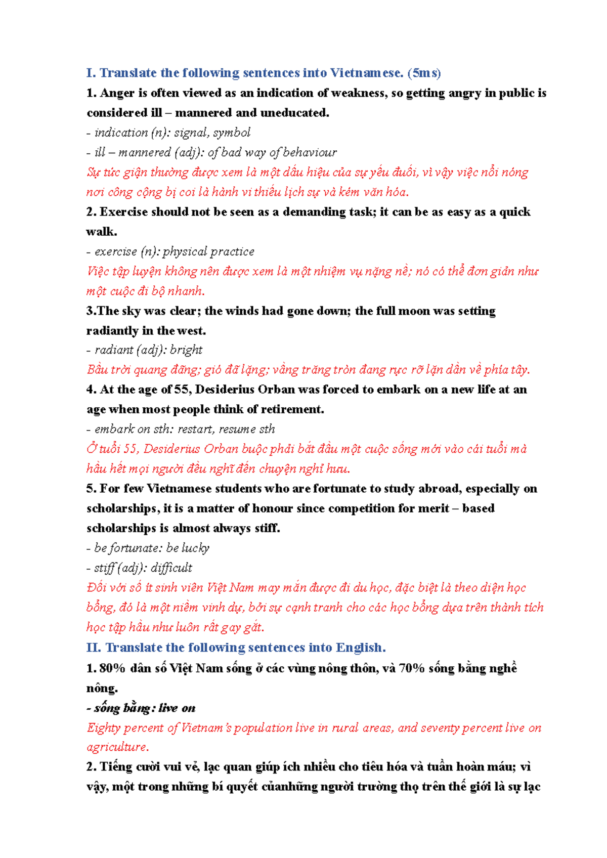 Test 4 - Translation Exercises: Vietnamese to English and Vice Versa ...