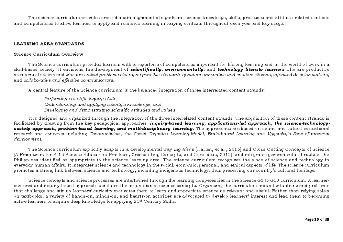 Learning Standards for Science Curriculum (G3-G10) Overview and ...
