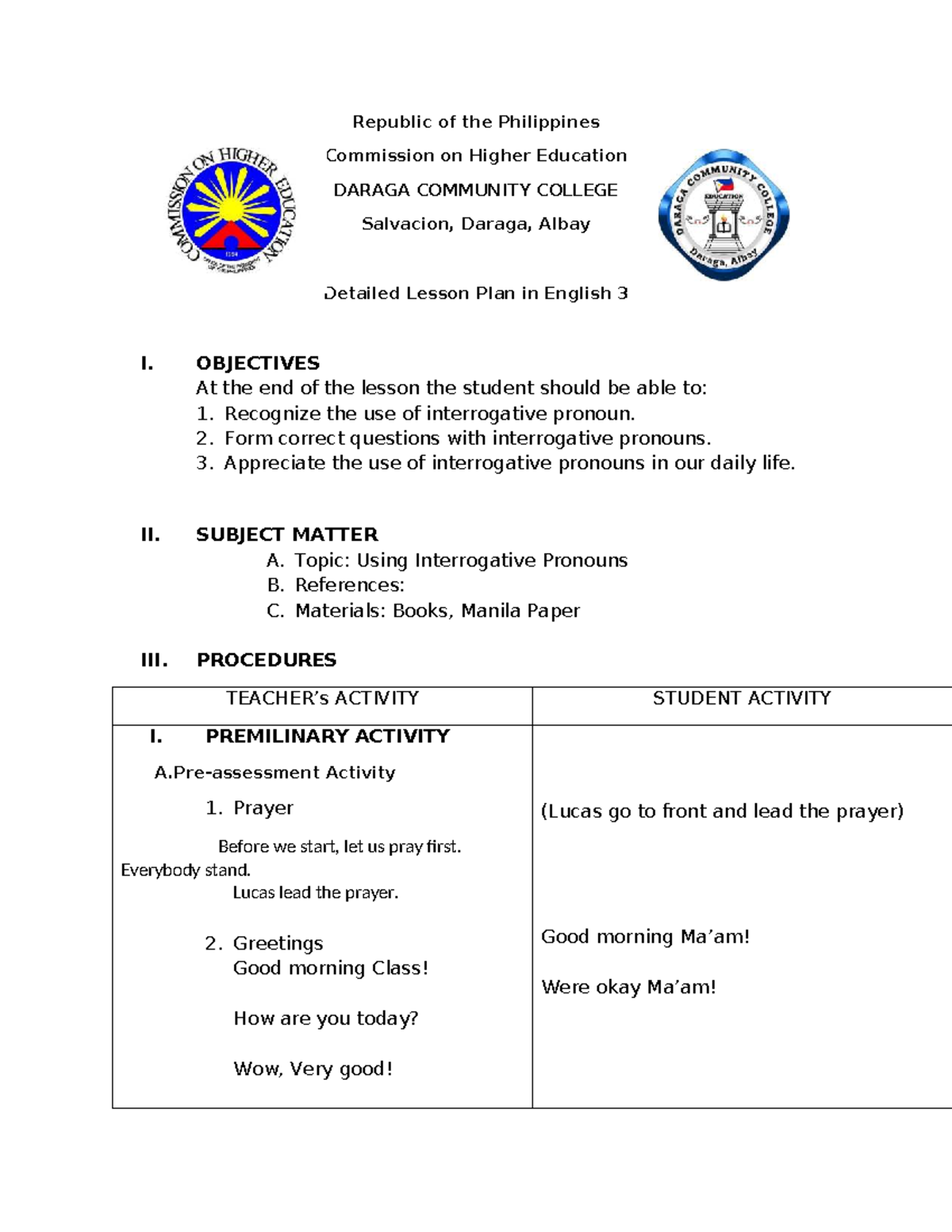 Detailed Lesson Plan in English 3: Using Interrogative Pronouns - Studocu