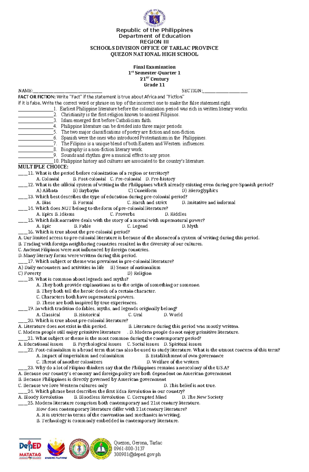 21st Century Literature Final Exam (Grade 11) - Fact or Fiction - Studocu