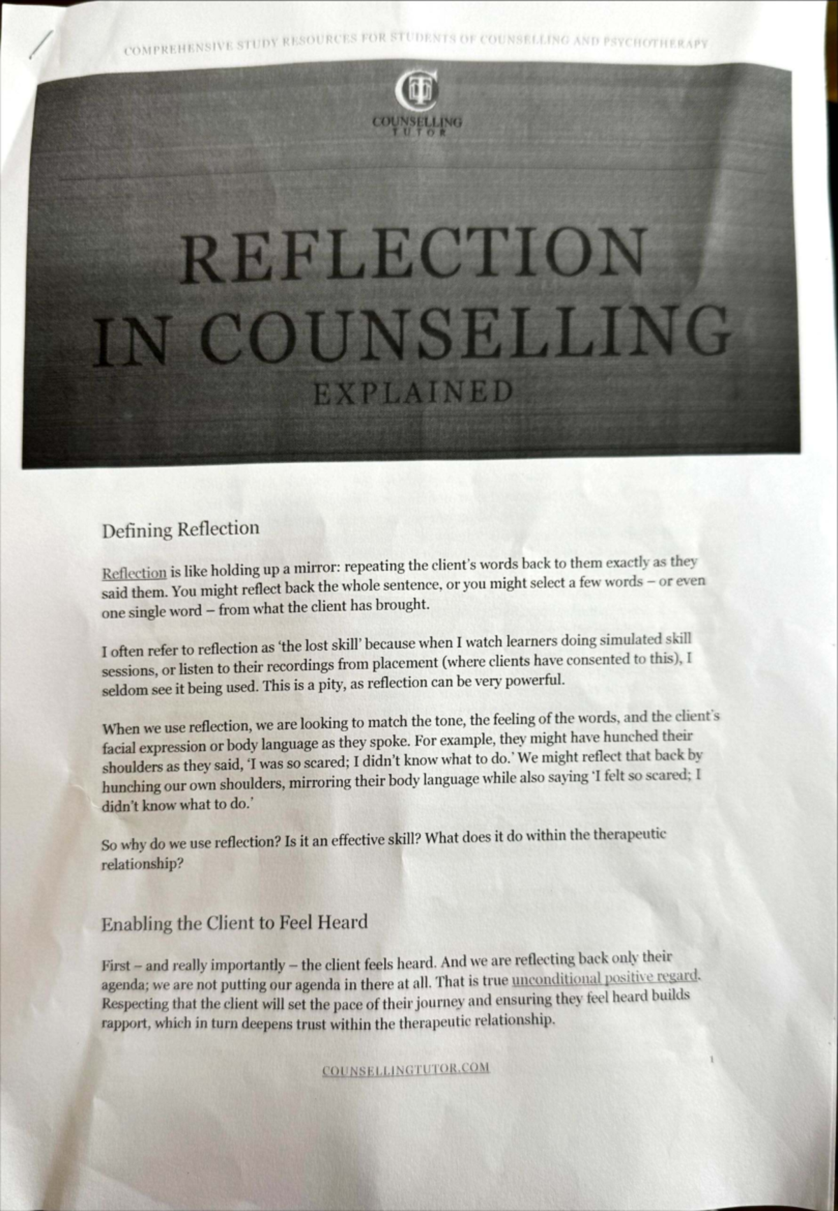 COUNSELLING 101: REFLECTION AND PARAPHRASING IN THERAPY - Studocu