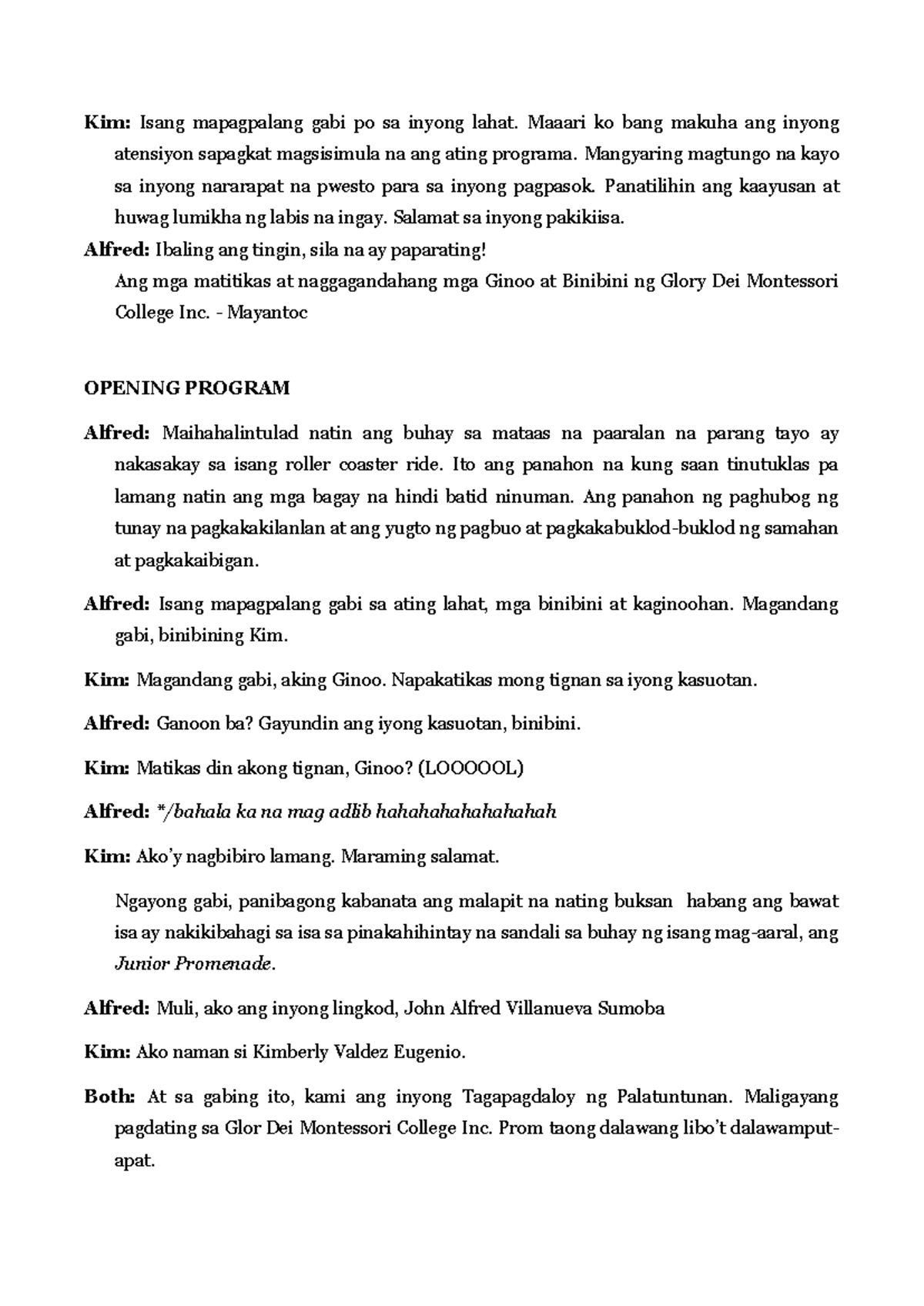 JS-PROM- Script: Pambungad na Programa ng Junior Promenade 2023 - Studocu
