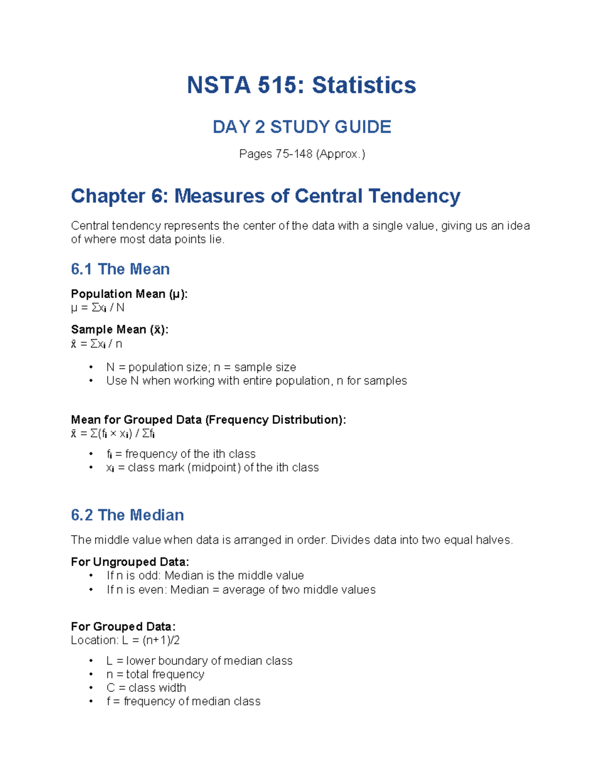NSTA 515: Statistics Day 2 Study Guide - Central Tendency & Dispersion ...