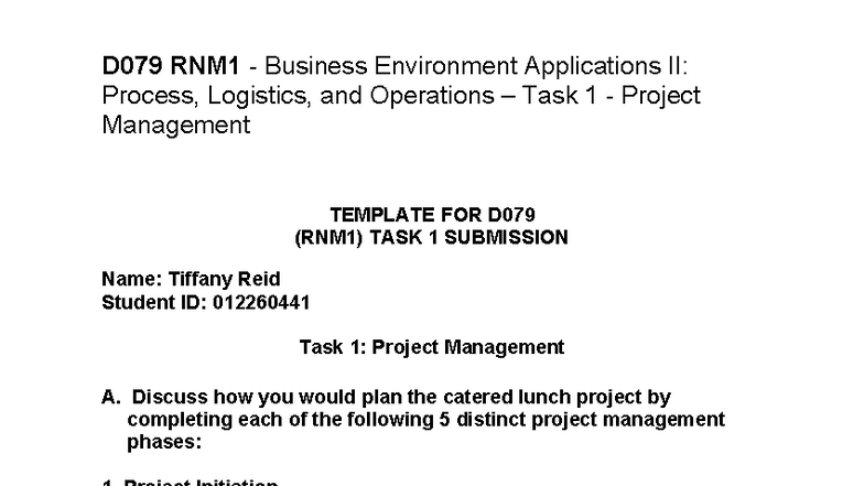 D079 RNM1 Business Environment: Task 1 Project Management Guide - Studocu