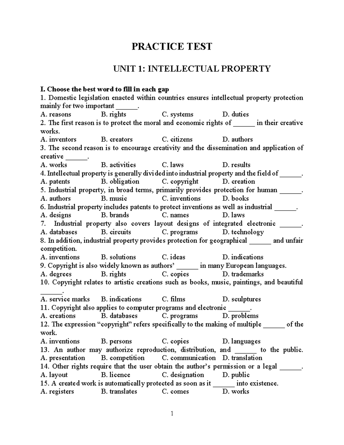 PRACTICE TEST UNIT 1: INTELLECTUAL PROPERTY RIGHTS - Studocu