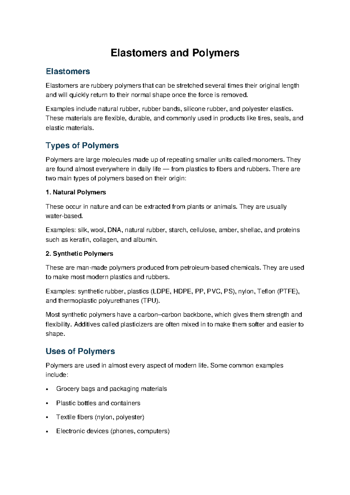 Elastomers and Polymers Overview: Types and Applications - Studocu
