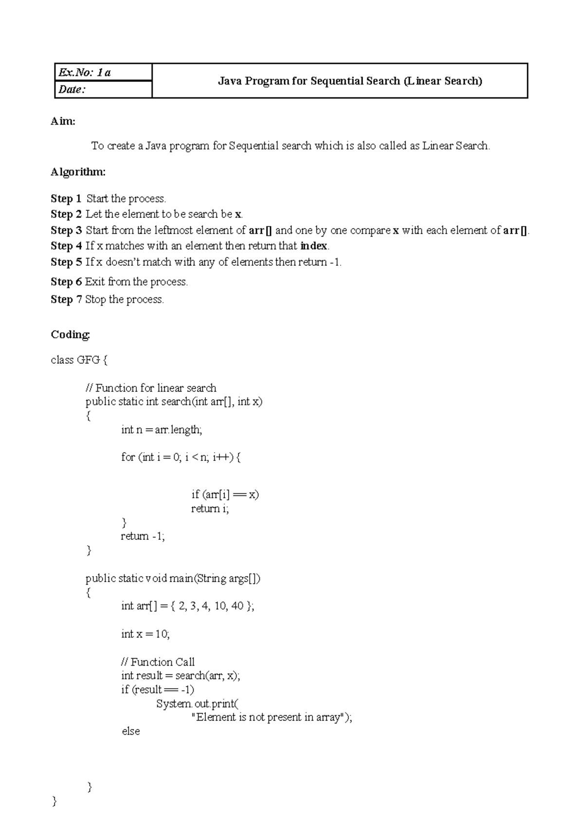 CS3381 - OOPS Lab Manual - Ex: 1 a Java Program for Sequential Search (Linear Search) Date: Aim ...