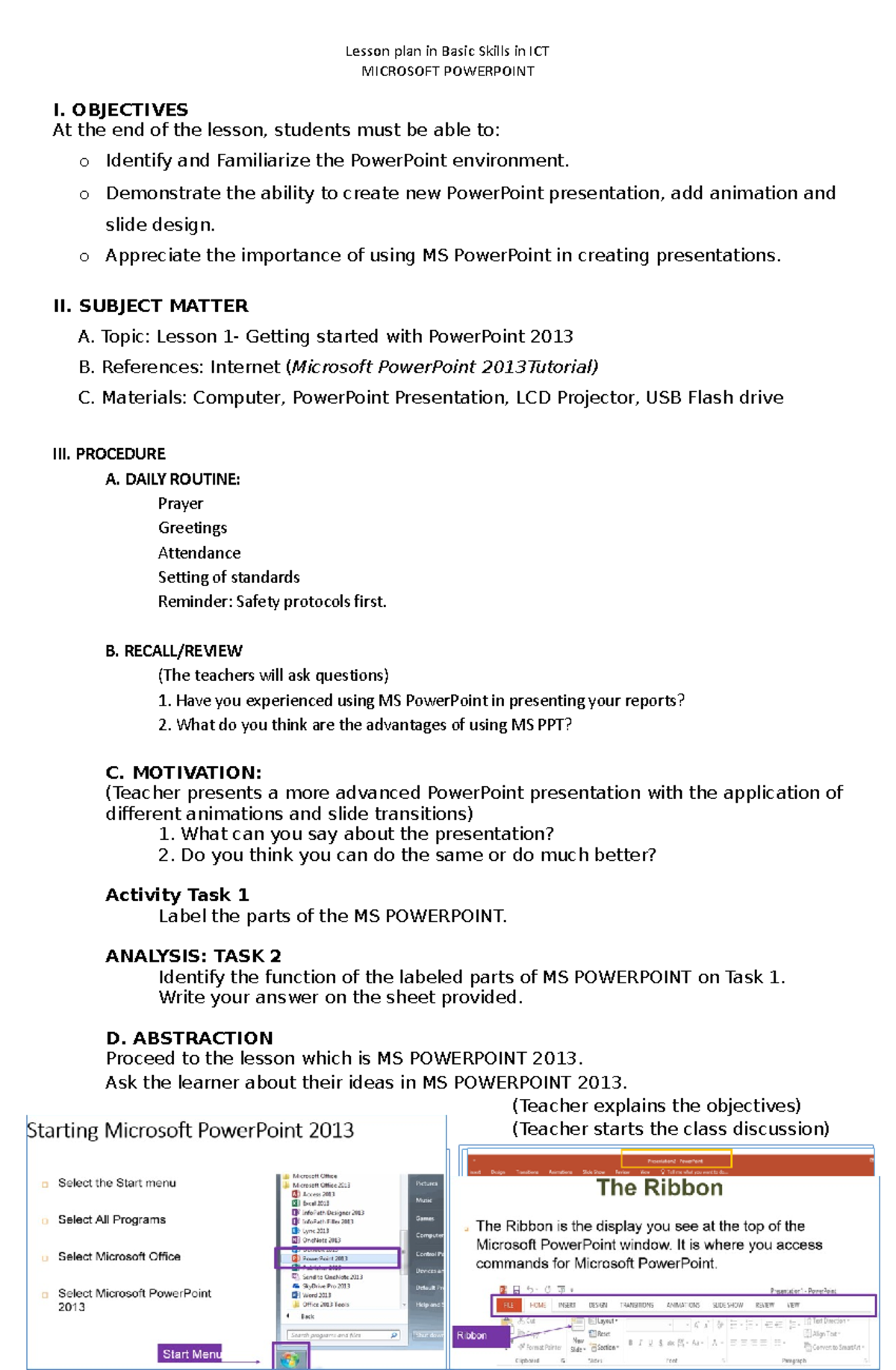 Detailed Lesson Plan on MS PowerPoint - Basic Skills in ICT - Studocu