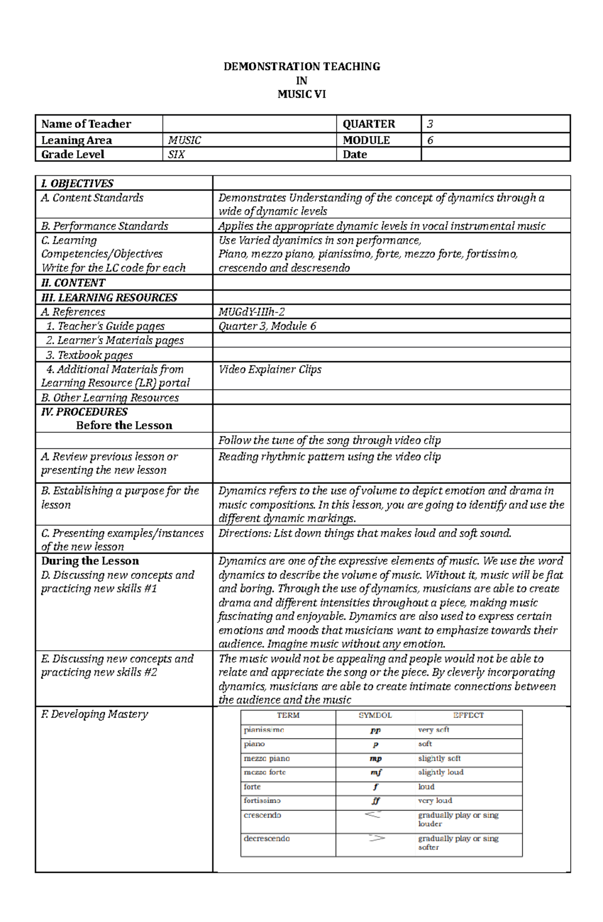 DLP Varied Dynamics OF SONG - DEMONSTRATION TEACHING IN MUSIC VI Name ...