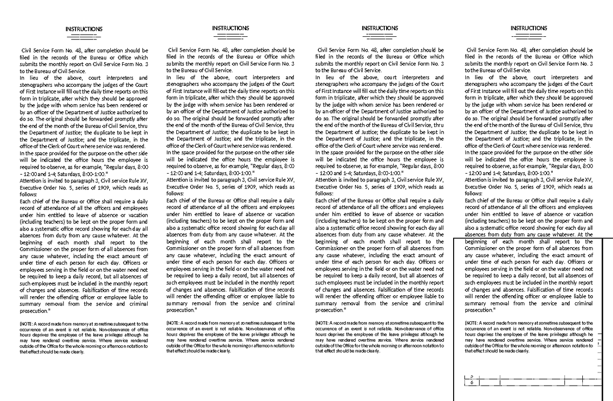 Civil Service Form No. 48: Daily Time Record Instructions - Studocu