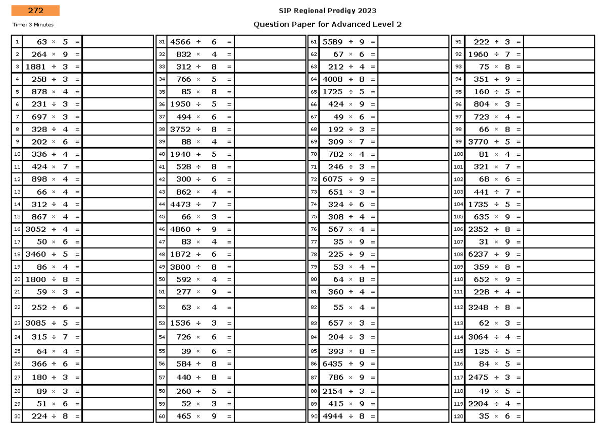 MUL 272 Abacus Practice Sheet for Advanced Level 2 - Studocu