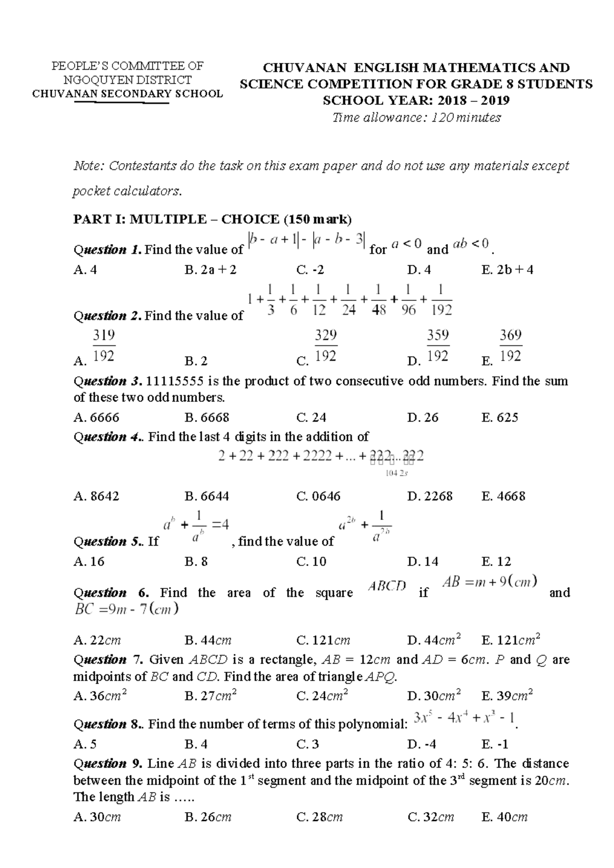 Chu Van An Grade 8 Math Competition 2018-2019 Exam Paper - Studocu