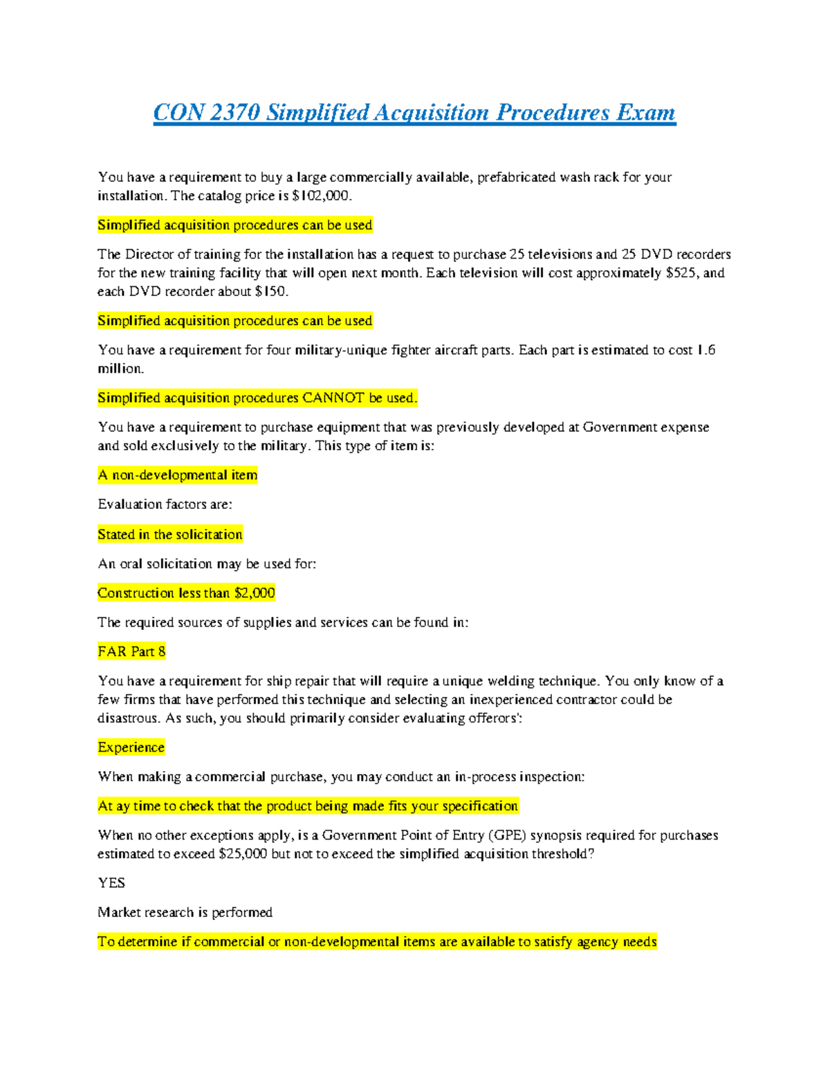 CON 2370 Simplified Acquisition Procedures Exam Review Guide - Studocu