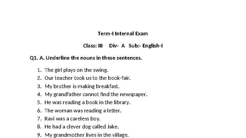 Internal Exam: English 1 - Nouns, Pronouns, and Sentence Structure ...