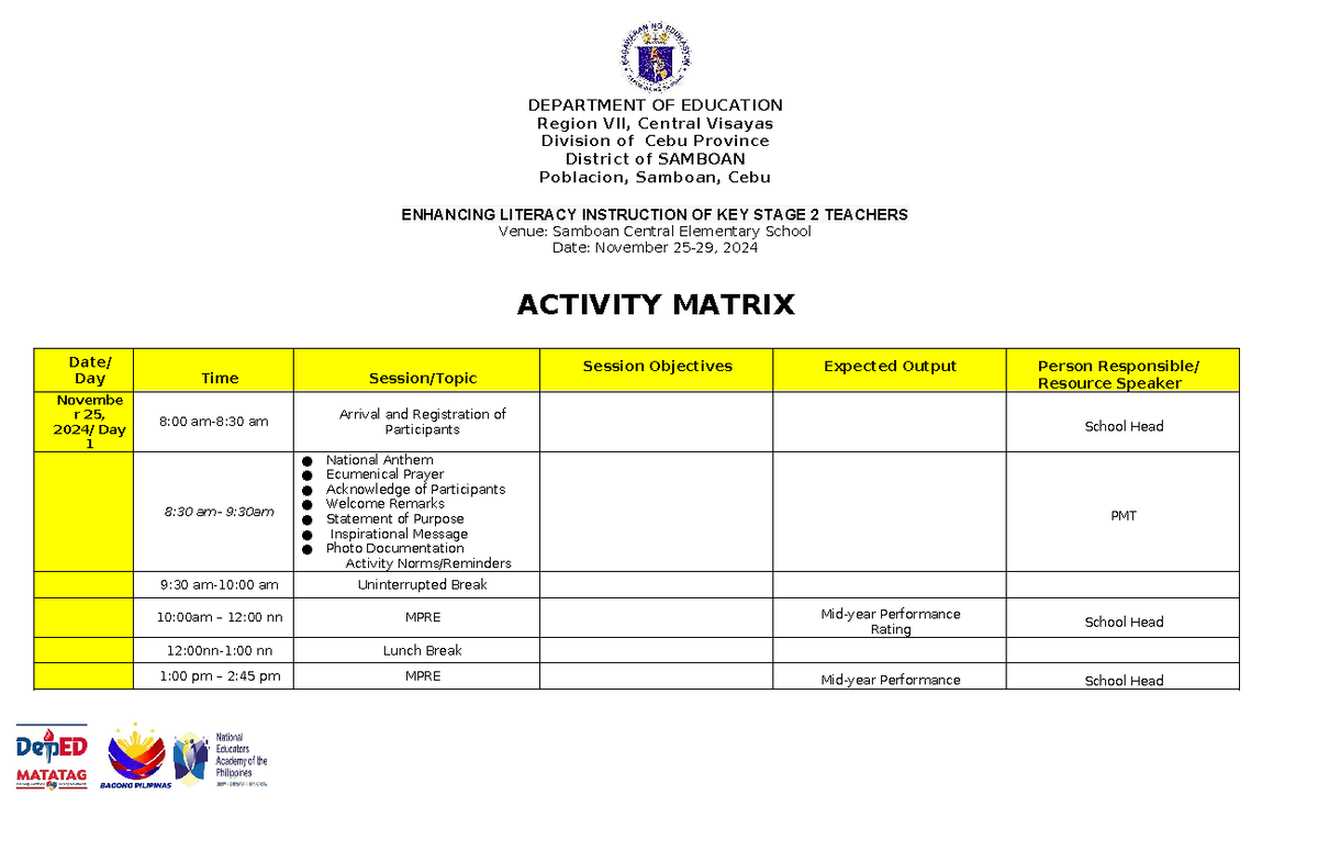 Activity Matrix KEY Stage 2 final - Region VII, Central Visayas ...