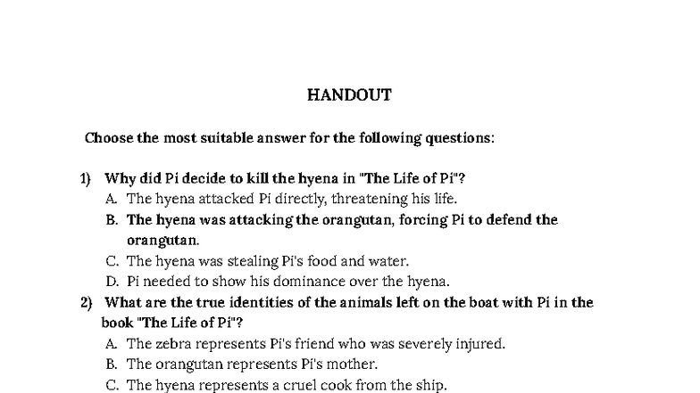 LIT101 Handout: Key Questions on Life of Pi Analysis - Studocu