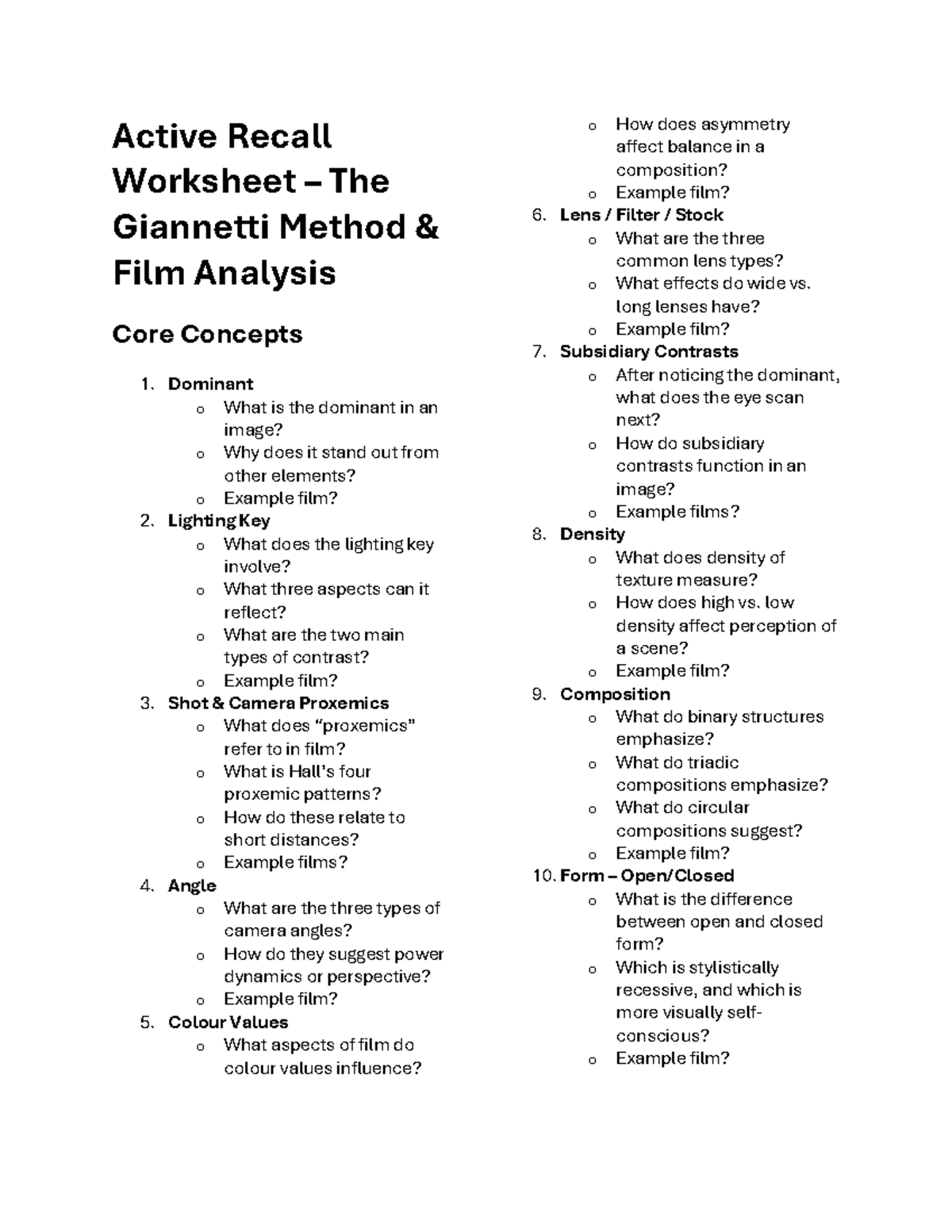 FAM1000S Active Recall Worksheet: The Giannetti Method Film Analysis ...