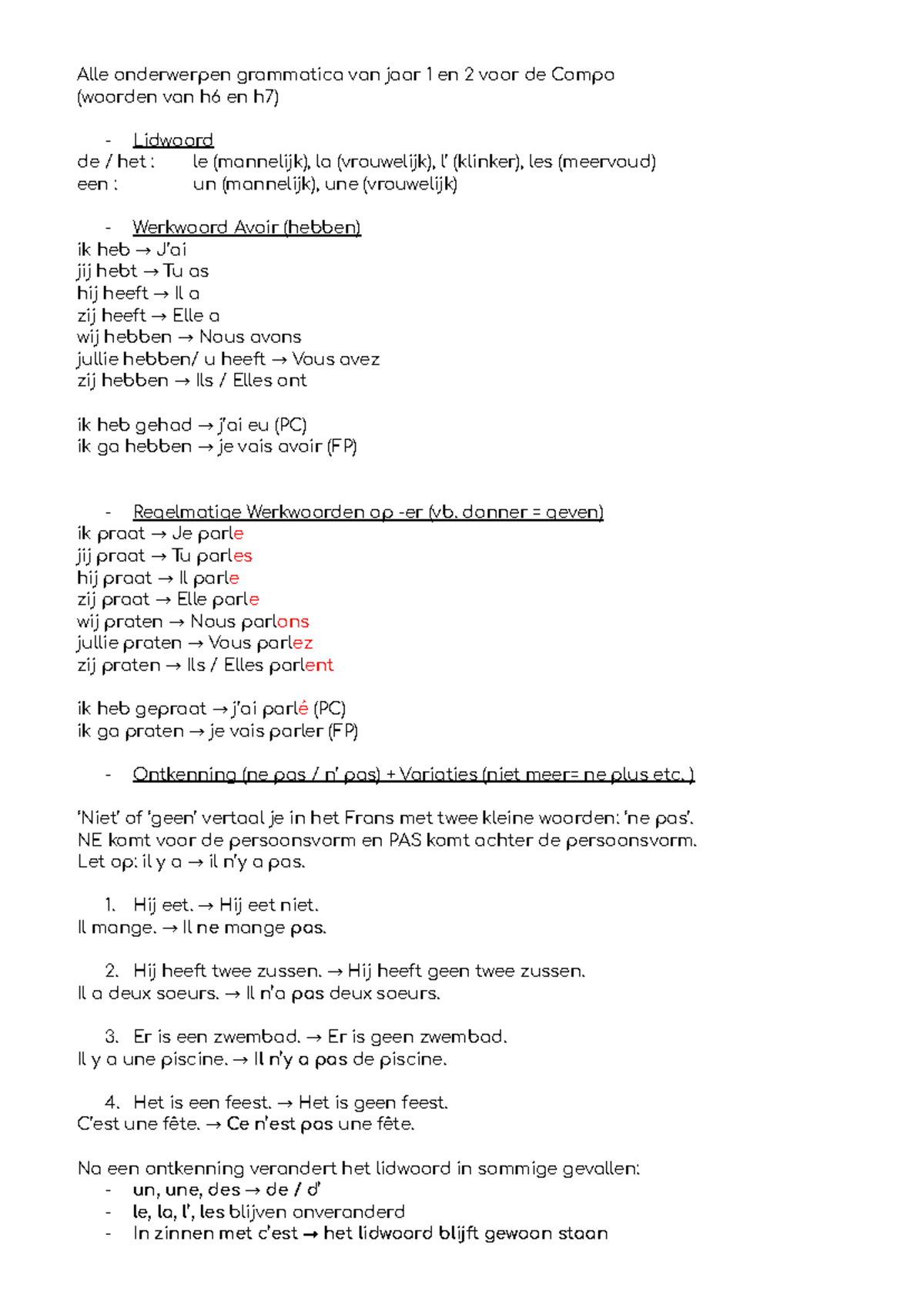Frans Toets FR2: Grammatica Overzicht Jaar 1 & 2 Samenvatting - Studeersnel