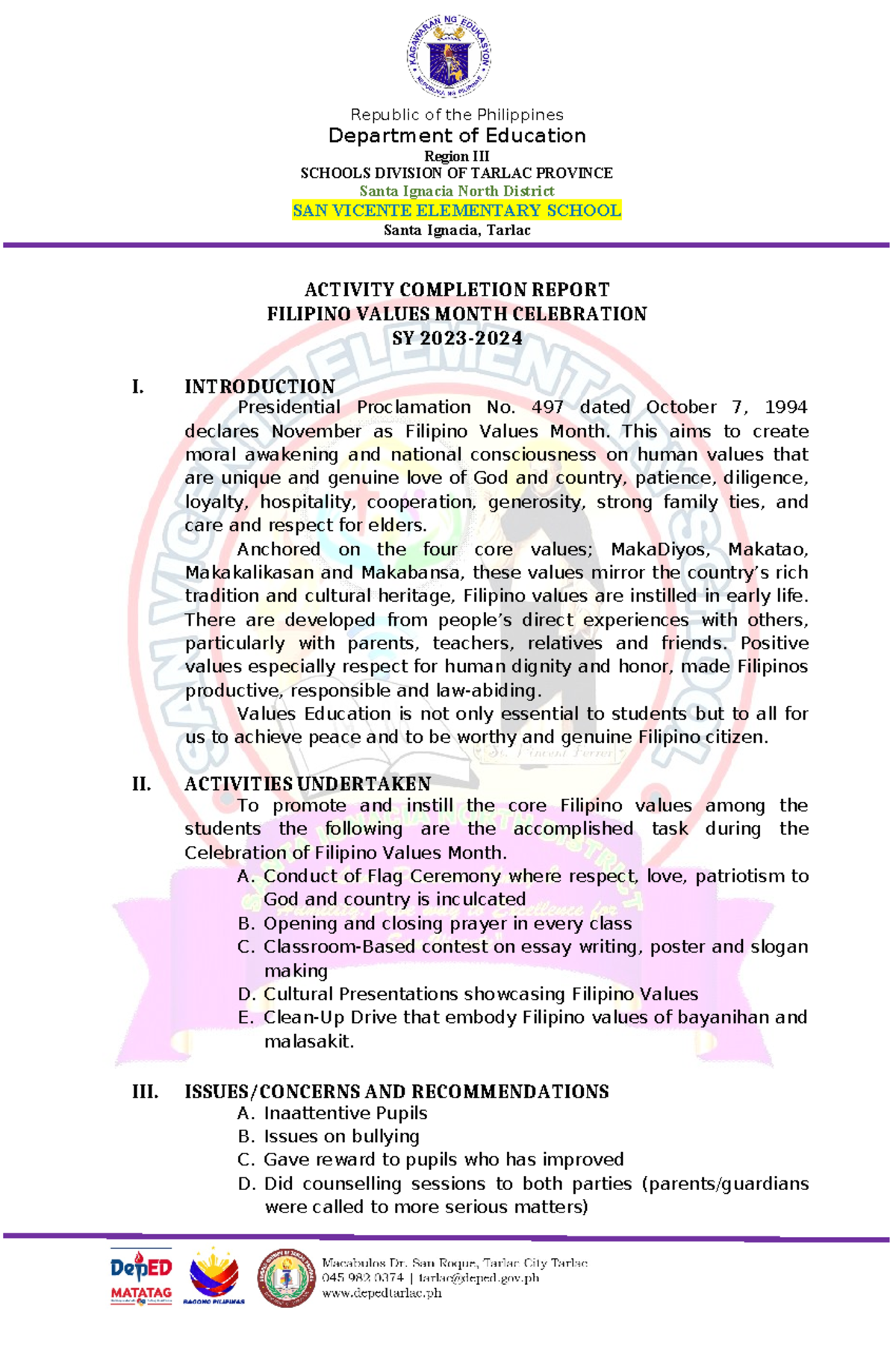 ACR- Filipino Values Month Celebration Activity Completion Report - Studocu