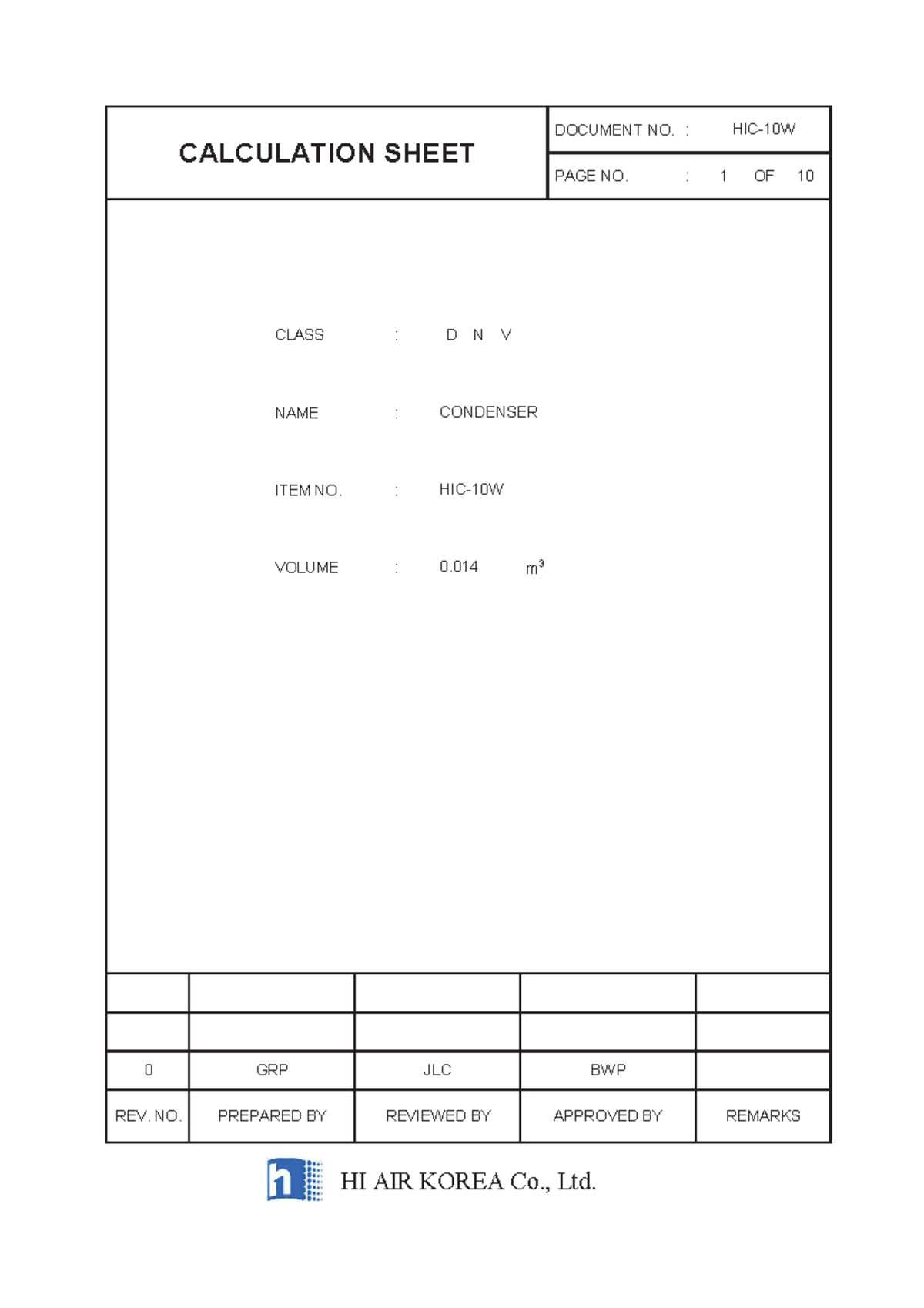 HIP-10 Calculation Sheet for Condenser Design Data - Studocu
