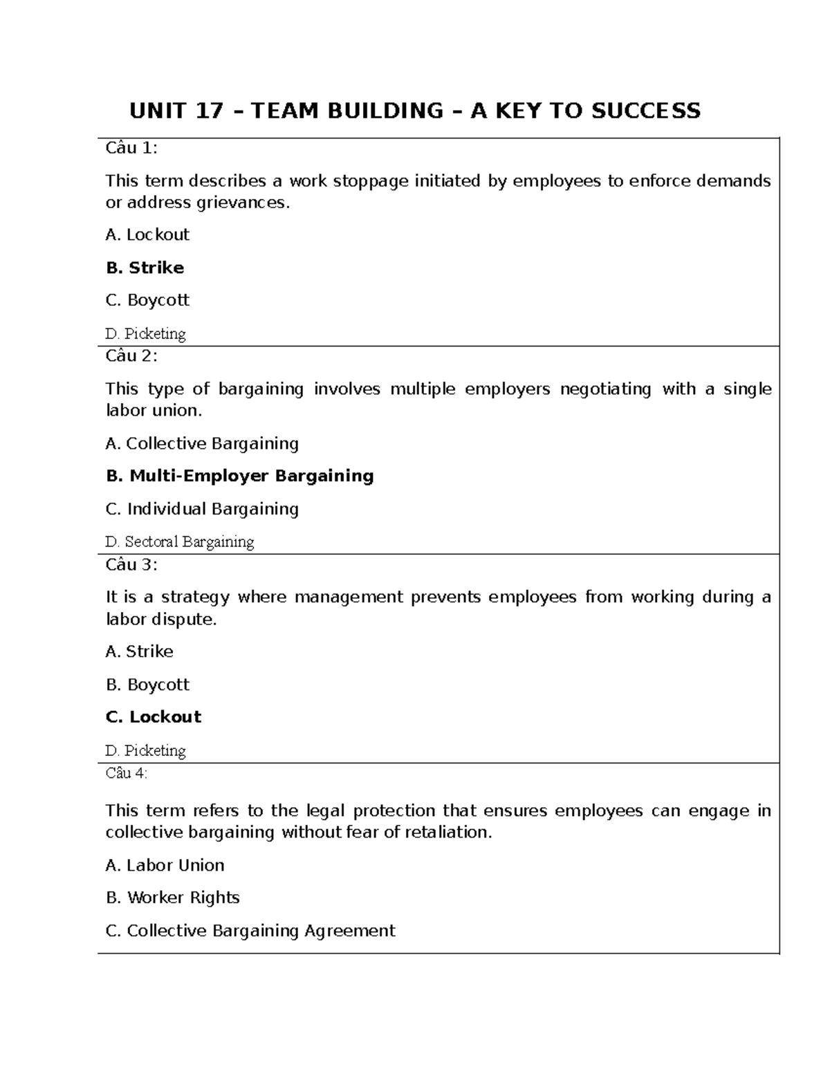 UNIT 17 TEAM BUILDING ANSWERS - KEY TO SUCCESS - Studocu
