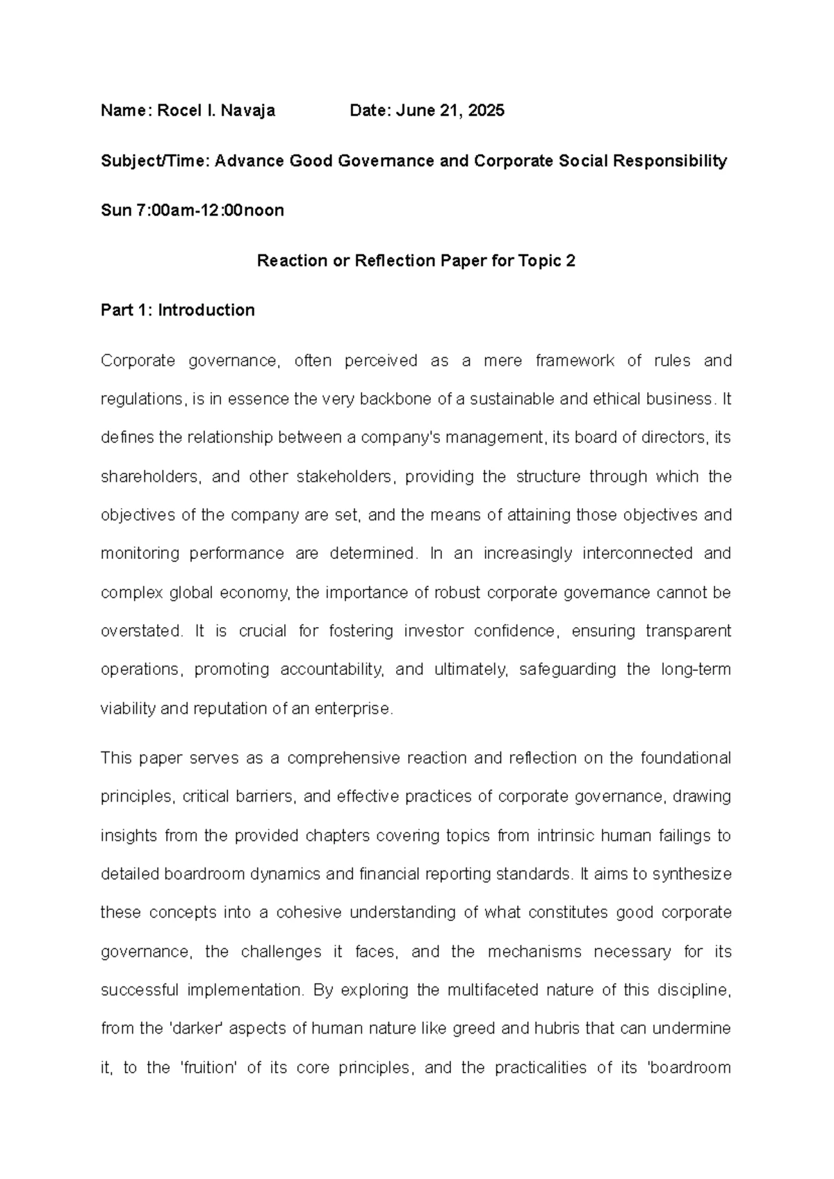 Reflection Paper on Corporate Governance & CSR (AGG 101) - Studocu