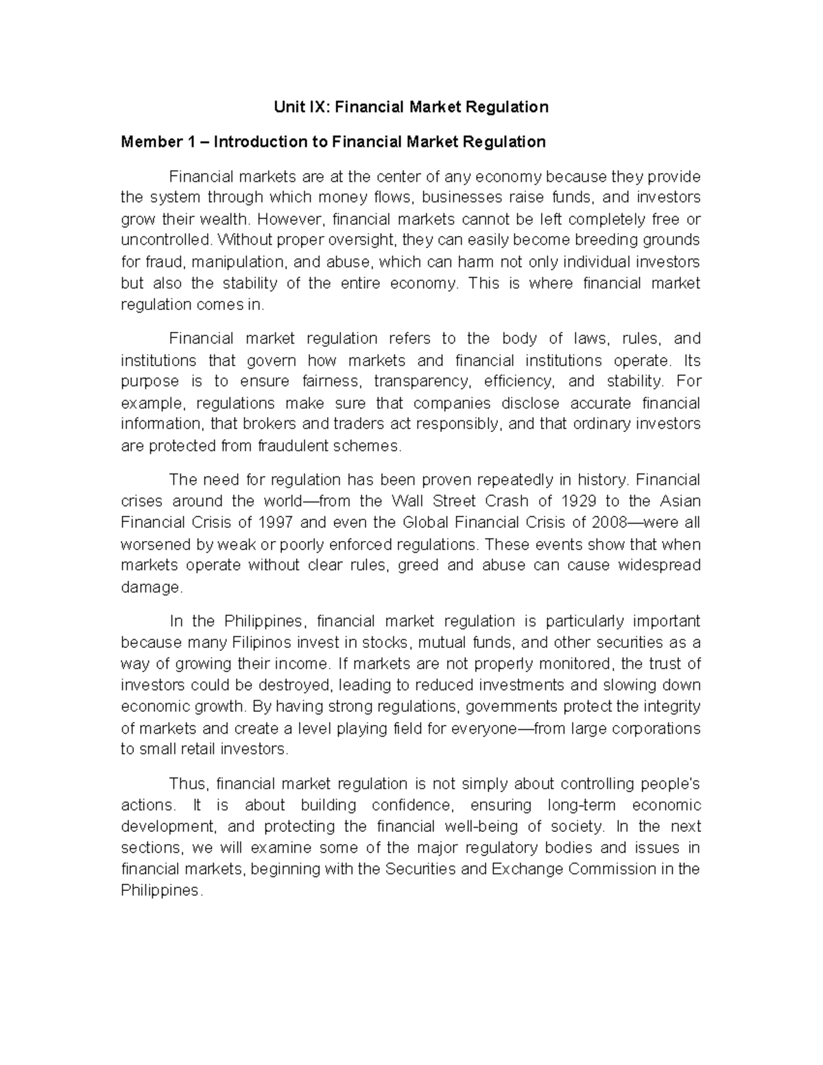 Unit IX: Financial Market Regulation Overview and SEC Insights - Studocu