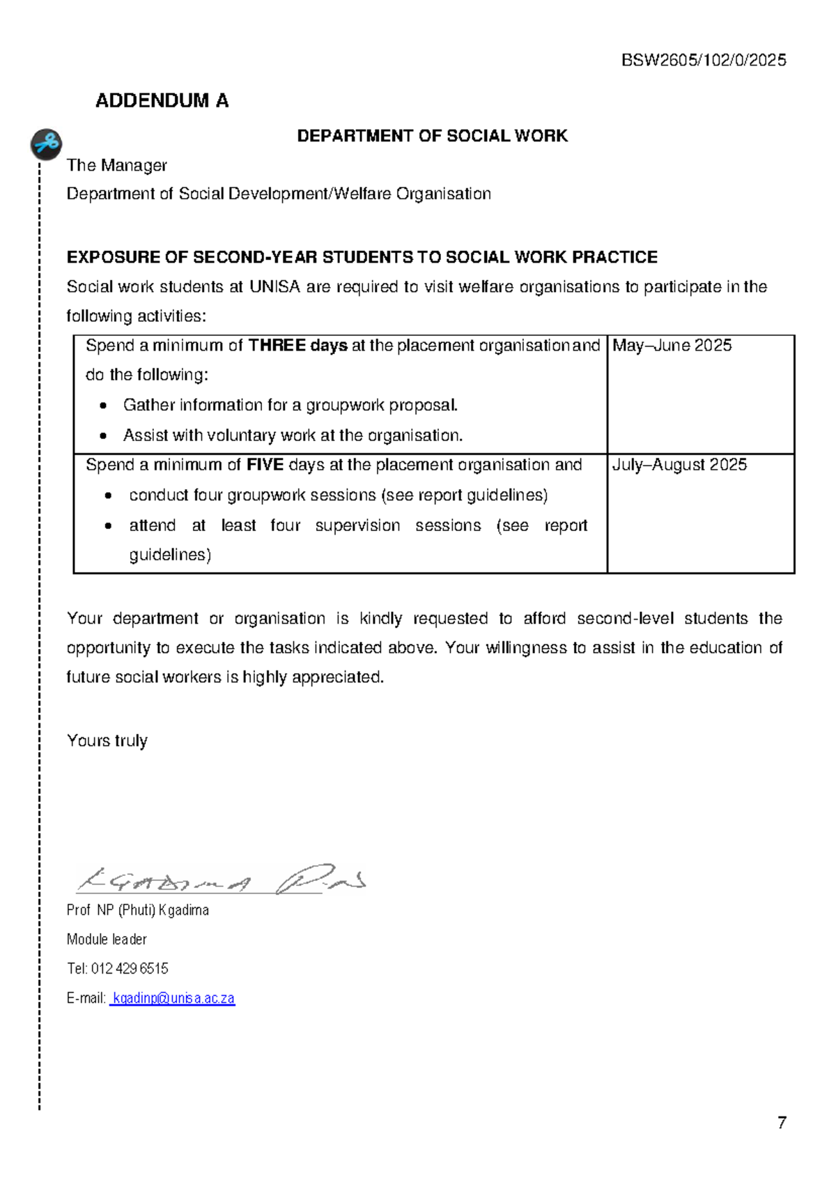UNISA BSW2605 Practicum: Student Exposure to Social Work Practice - Studocu
