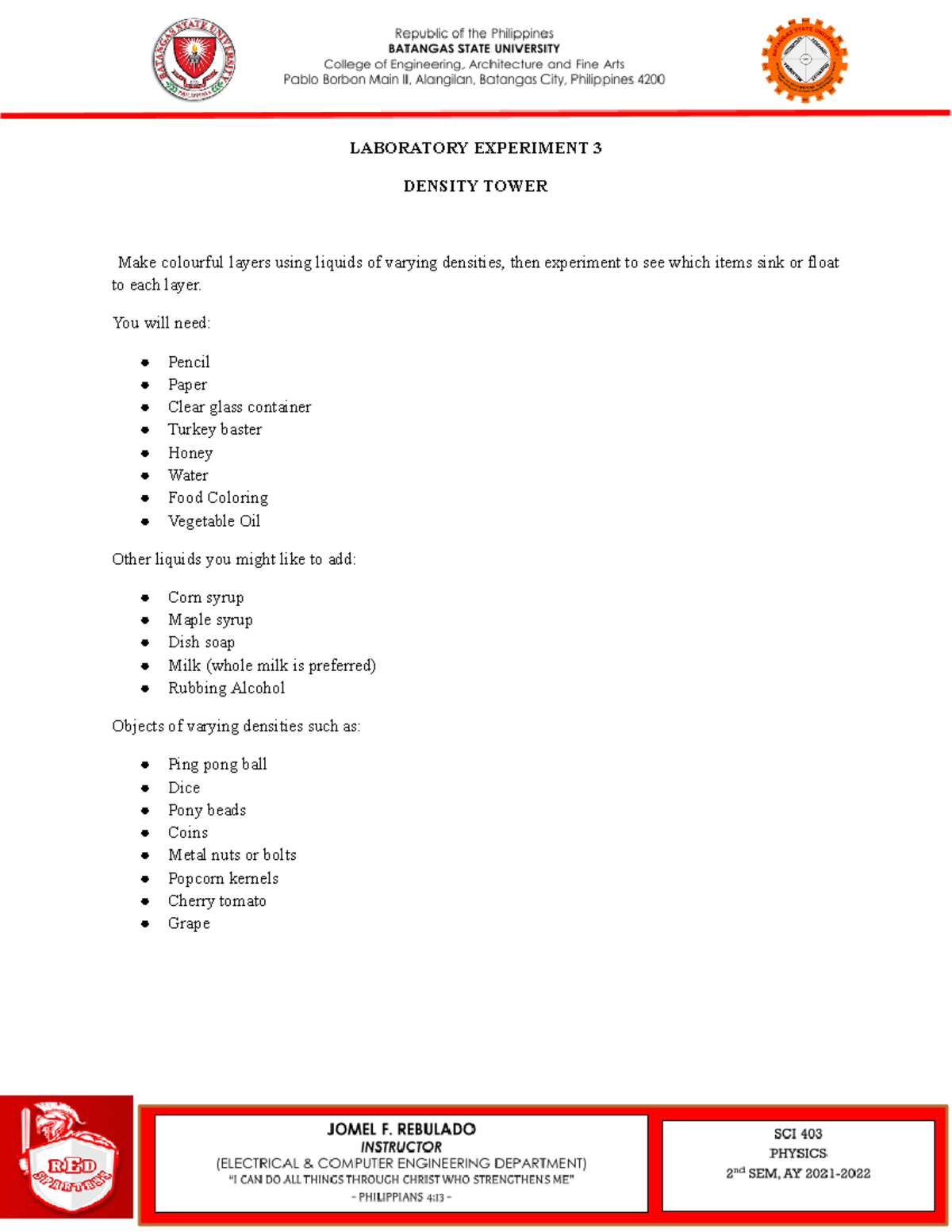 Lab Experiment 3: Creating a Density Tower with Liquids and Solids ...