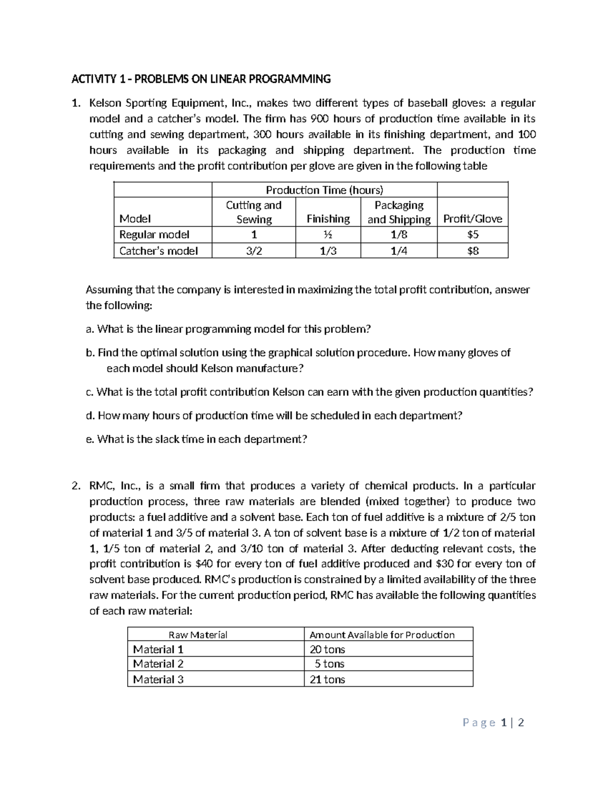 ACTIVITY 1: LINEAR PROGRAMMING PROBLEMS & SOLUTIONS - Studocu
