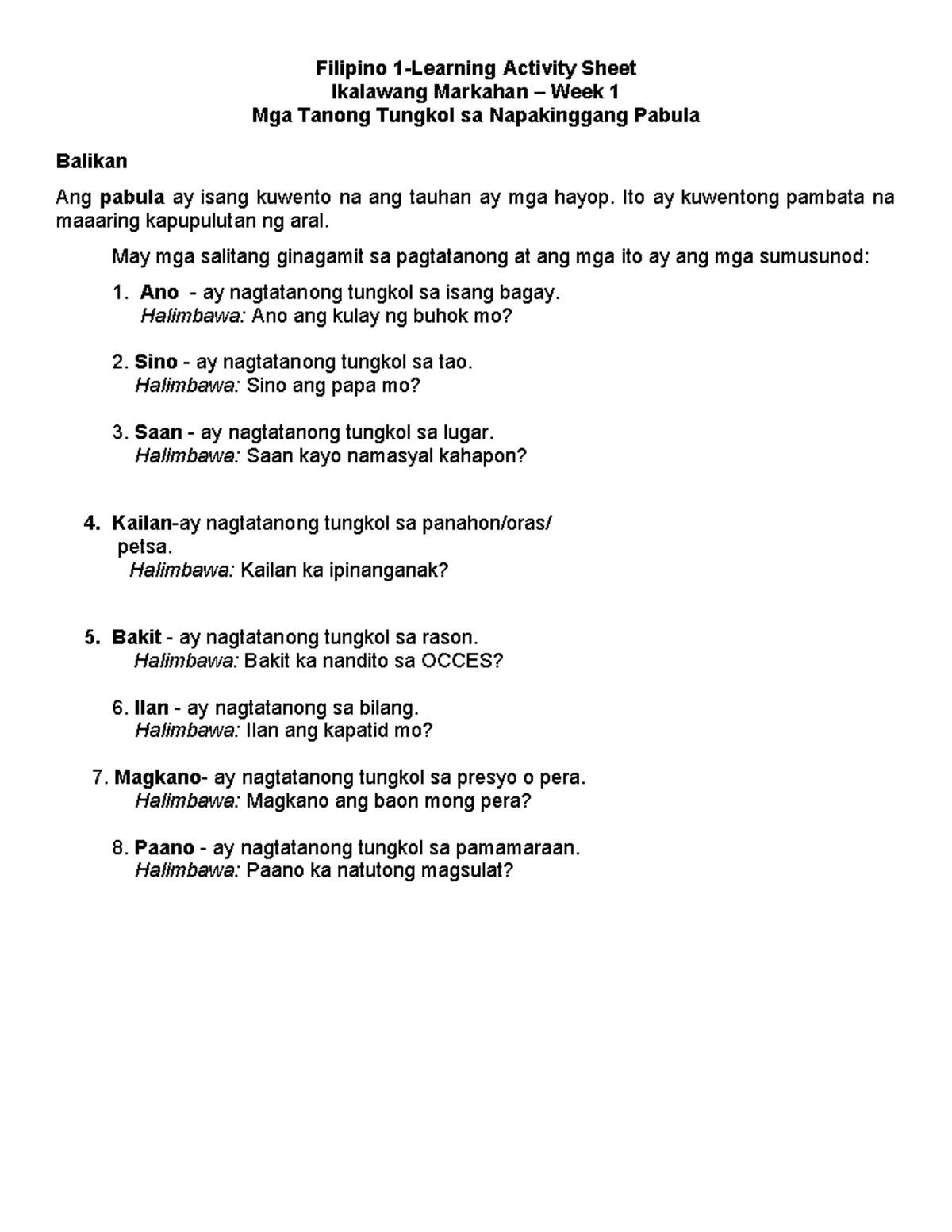 Gr.1-Q2-W1-Learning Activity Sheet sa Pabula at Pagtatanong - Studocu
