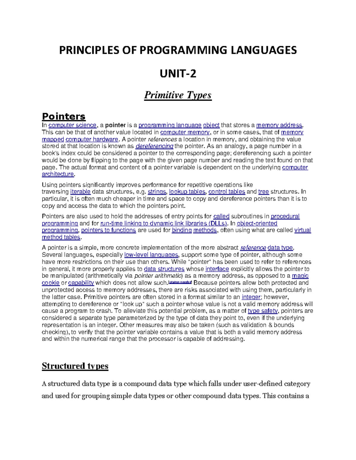 PPL Unit 2 - Notes on Primitive Types and Pointers in Programming - Studocu