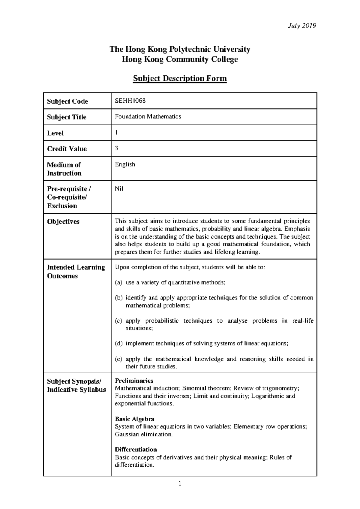 SEHH1068 Foundation Mathematics Course Overview and Syllabus - Studocu