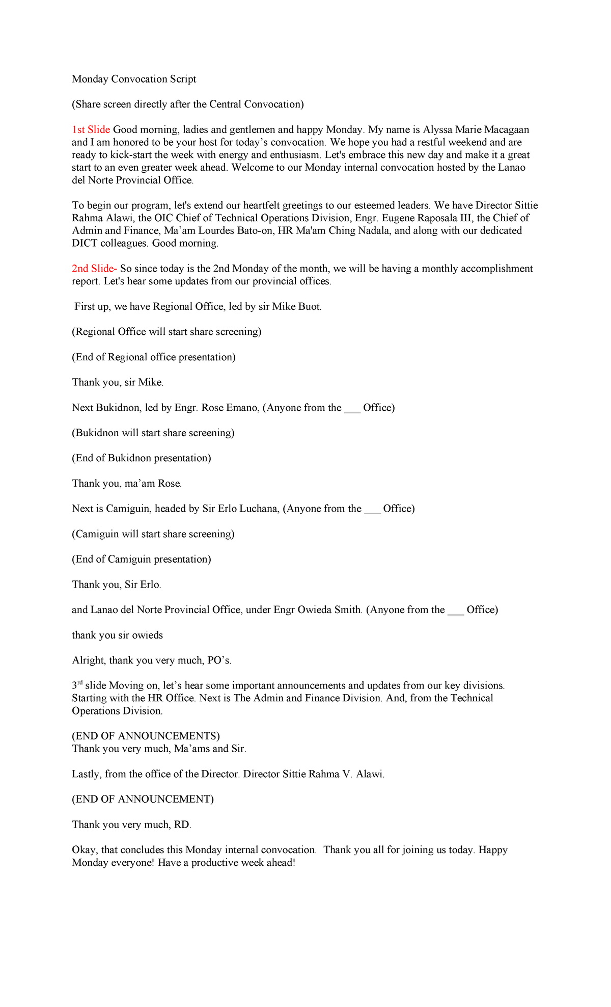 Monday-Convocation-Script - Monday Convocation Script (Share screen ...