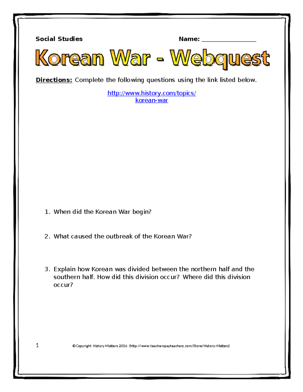 Copy of Korean War - Something - Social Studies Name: Directions ...