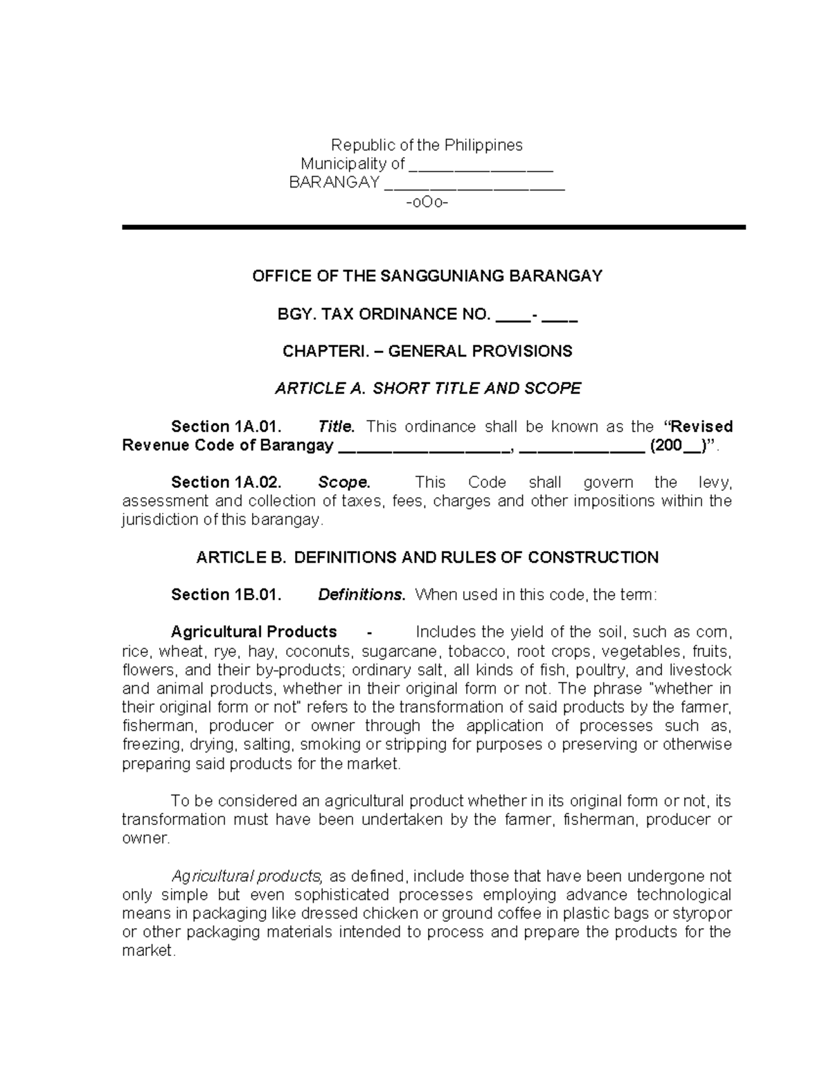 Barangay Revenue Code Template for Tax and Fees Ordinance - Studocu