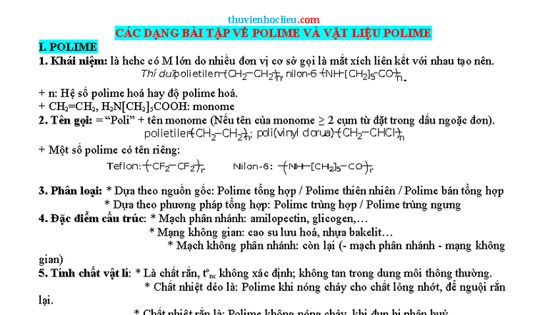 CÁC DẠNG BÀI TẬP VỀ POLIME - HS - Studocu