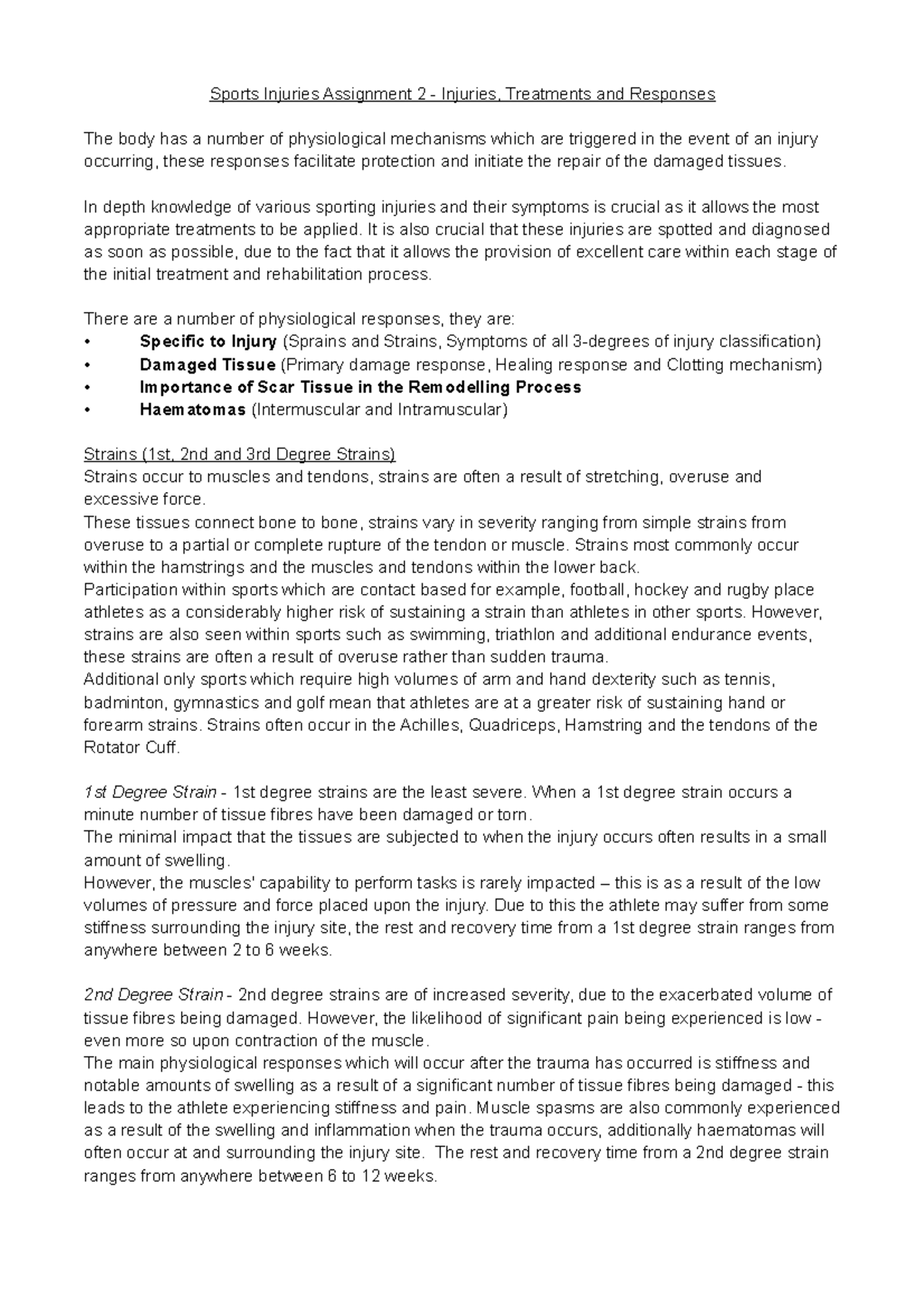 Sports Injuries Assignment 2: Treatments, Physiological Responses ...