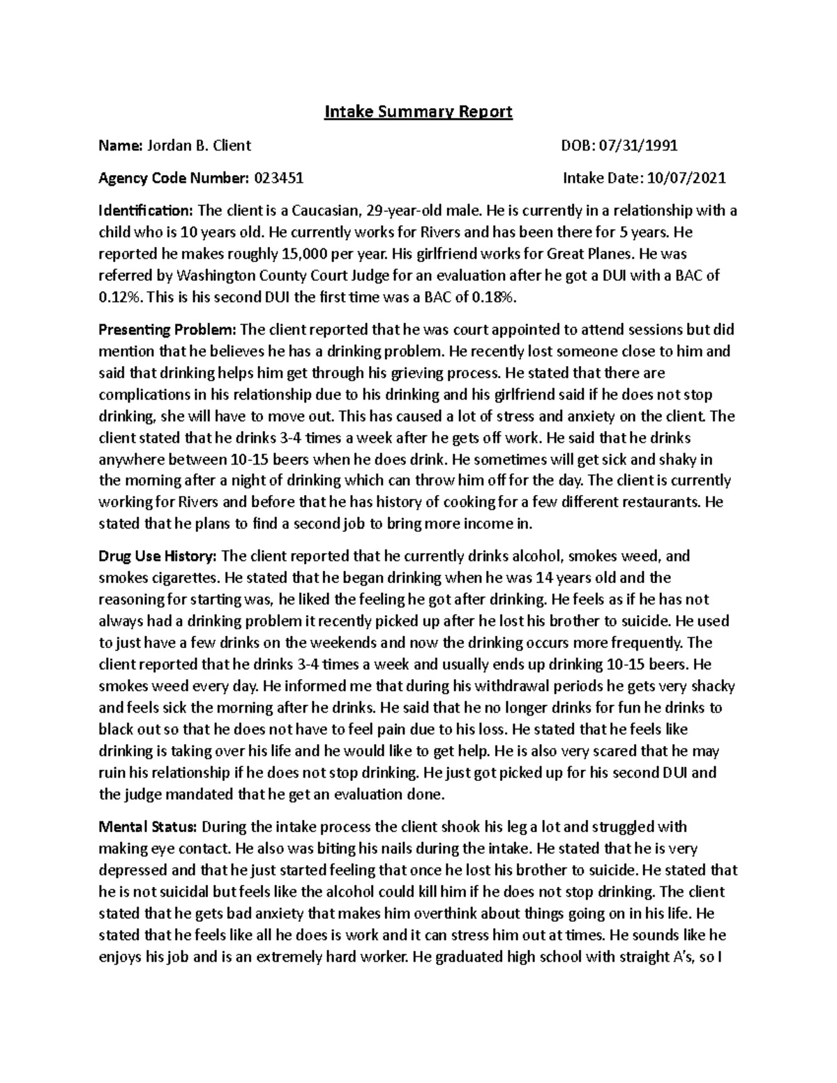 Intake Summary Report: Client Assessment & Substance Abuse Evaluation ...