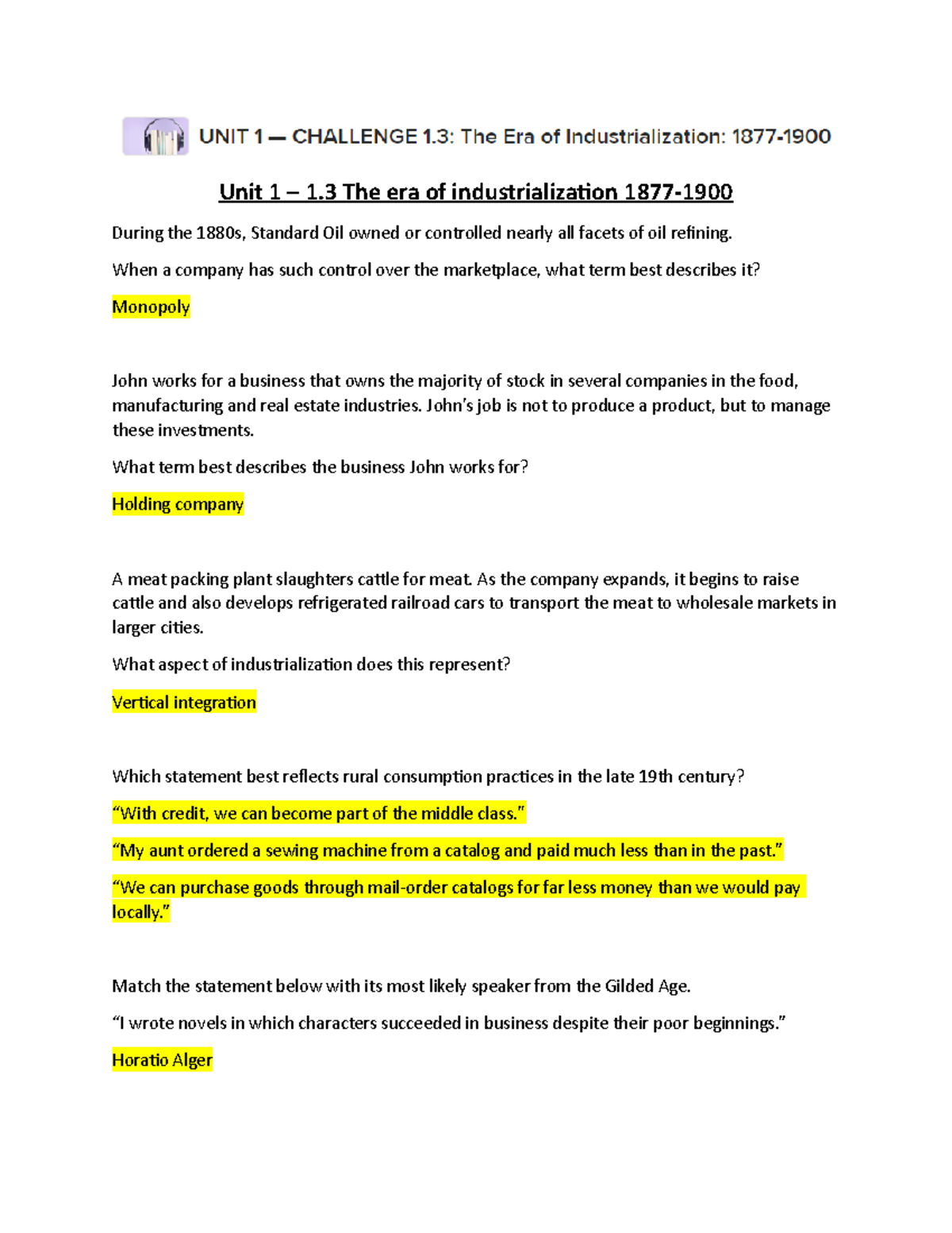 Sophia Pathways U.S. History II Challenge 1.3 The era of ...