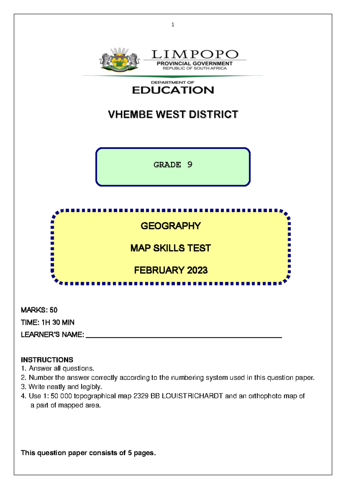 Geography Gr.9 Map Skills Test - February 2023 (Term 1) - Studocu