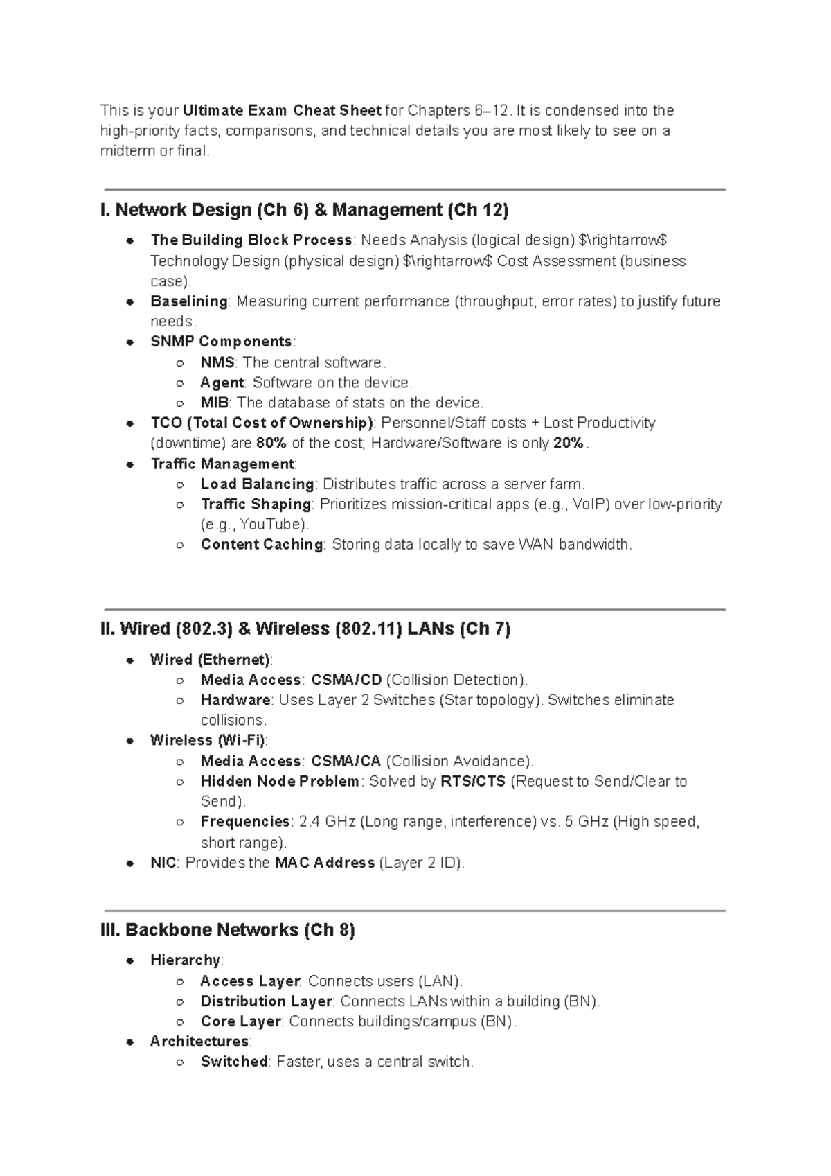 Cheat Sheet - Midterm Exam on Network Design (Ch 6) & Security - Studocu